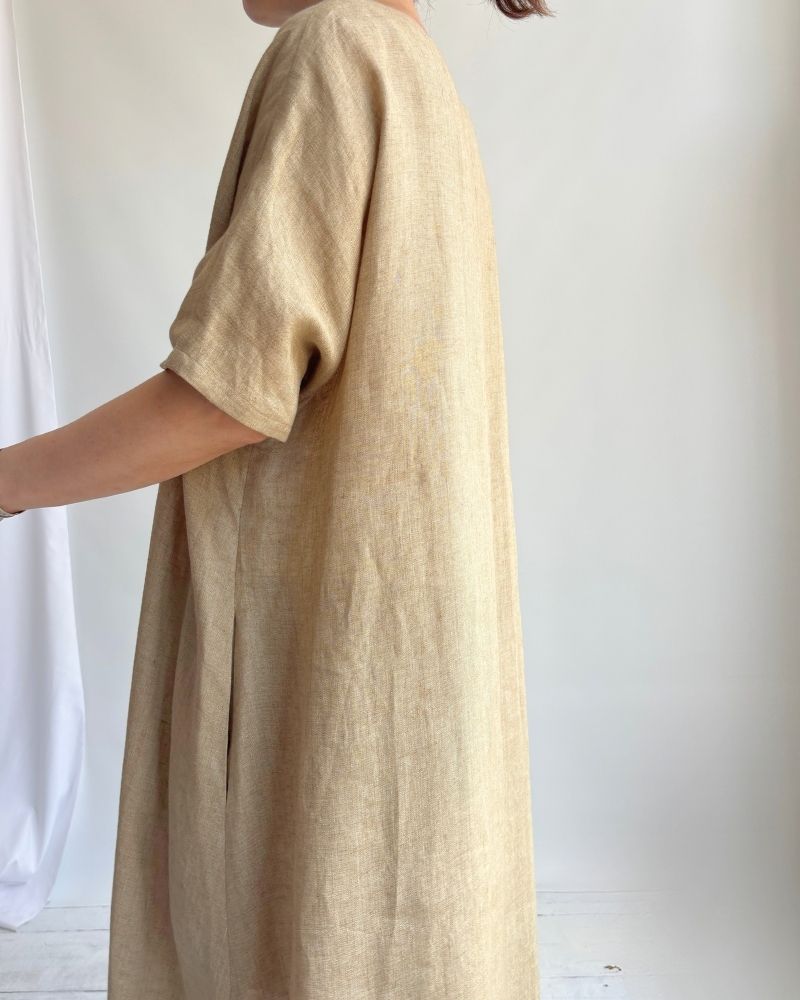 V-neck A-line Linen Dress in Beige – Soft Italian Linen, Made in Japan ...